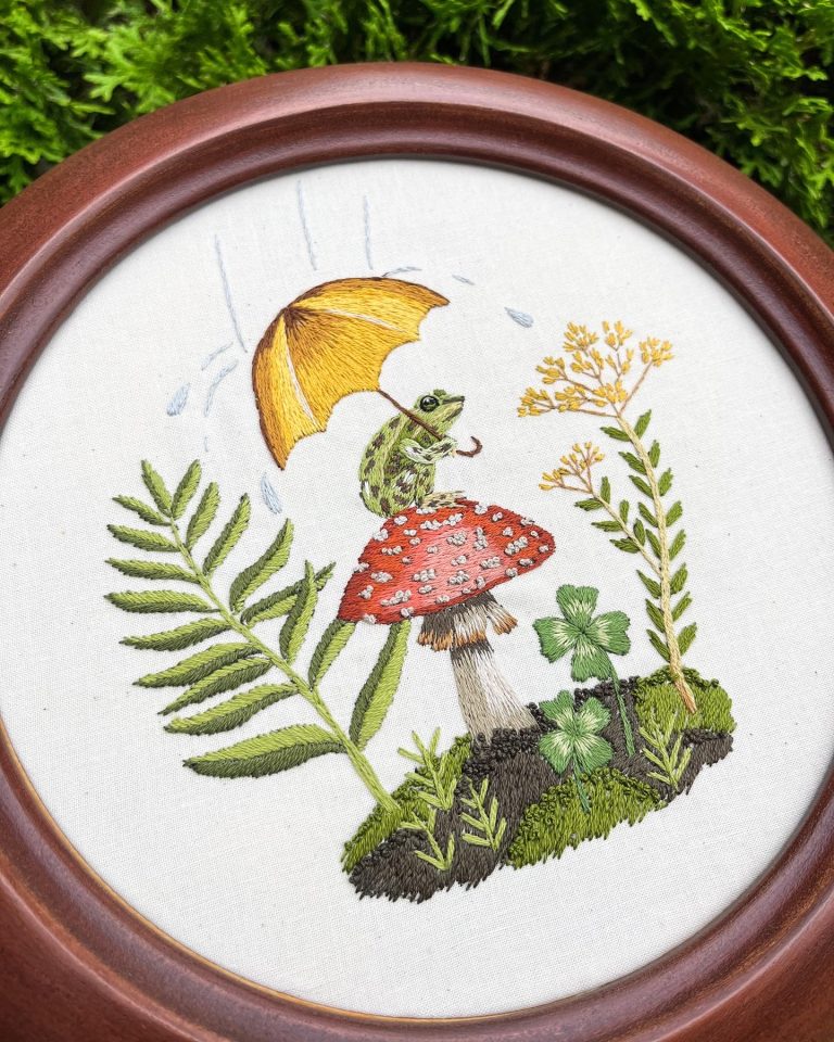 Frog And Mushroom Embroidery Pattern